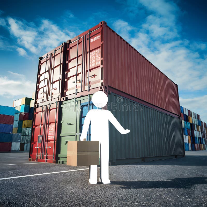 Stick Man with Shipping Container, Logistic Service Concept Stock ...