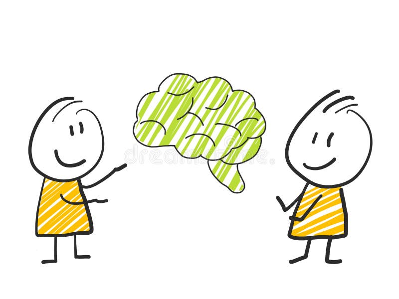 2 Stick Man Standing and Thinking Expression Illustration Yellow Brain ...