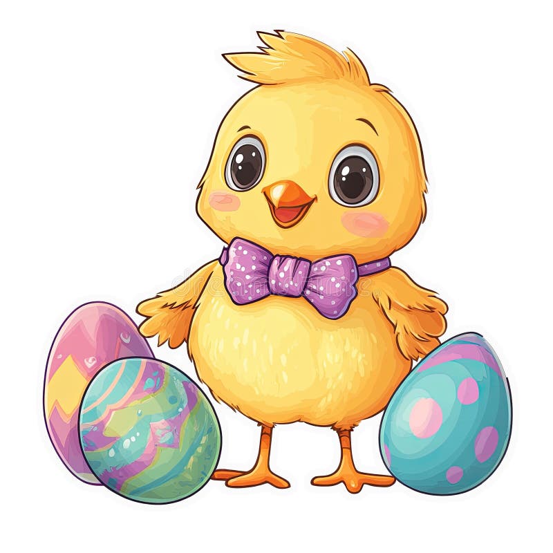 Sticker of Adorable Chick Surrounded by Easter Eggs. Stock Photo ...