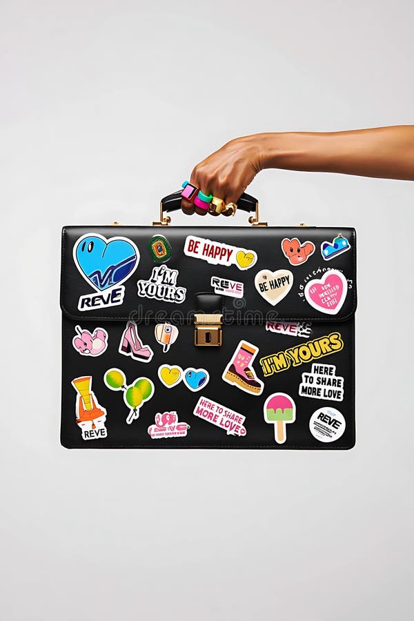 Sticker-Adorned Black Briefcase Held by a Hand with Colorful Rings ...