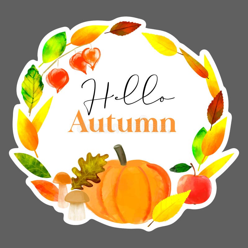 Sticker with Autumn Leaves Wreath Illustration and Text Hello Autumn ...