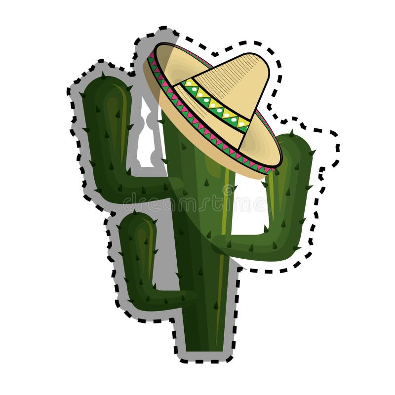 Sticker Cactus with Mexican Hat with Thorns Stock Vector - Illustration ...