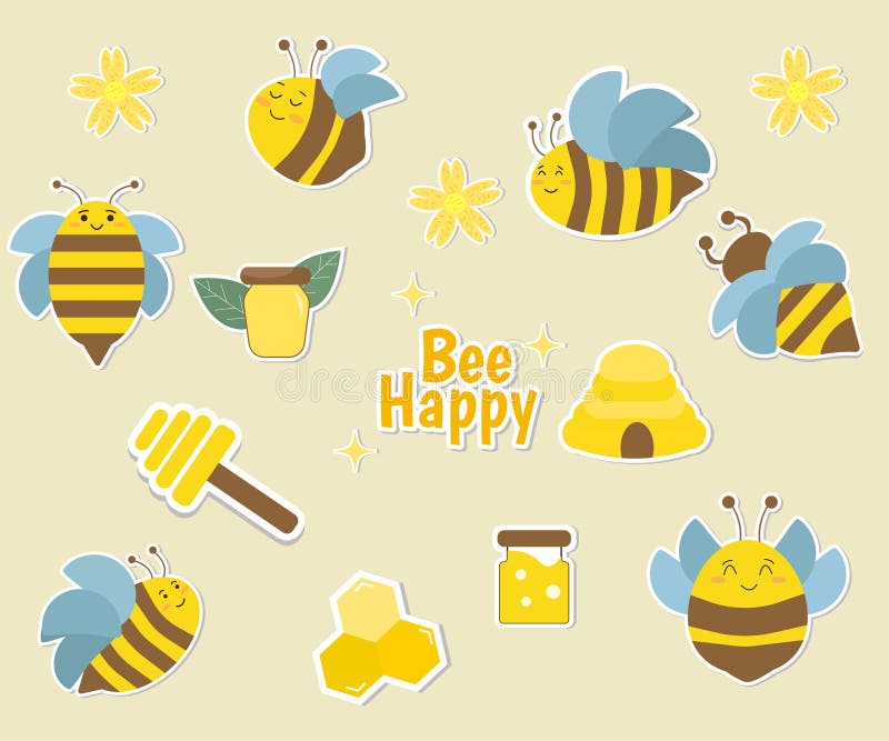 Sticker Cartoon Bees and Beehive Honey Element Cute Insect Doodle Style ...
