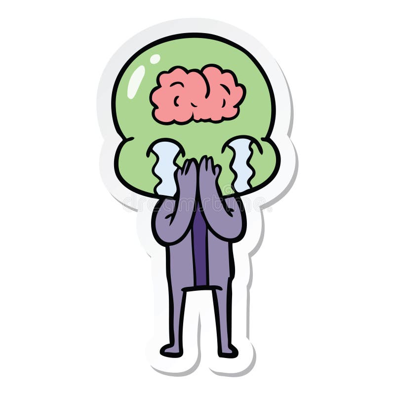Sticker of a Cartoon Big Brain Alien Crying Stock Vector - Illustration ...