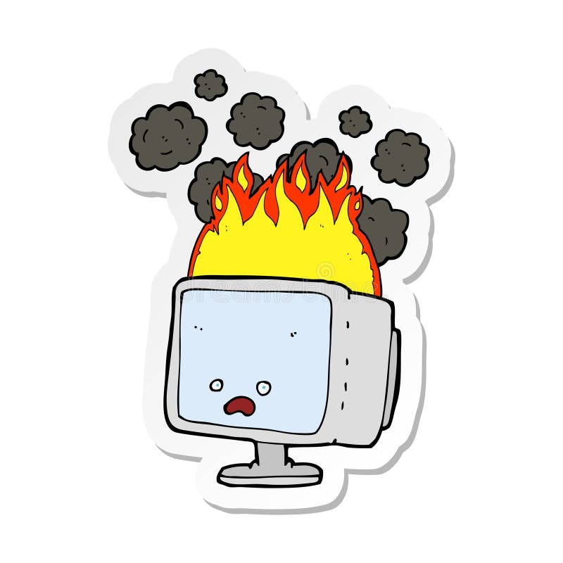 Sticker of a Cartoon Burning Computer Stock Vector - Illustration of ...