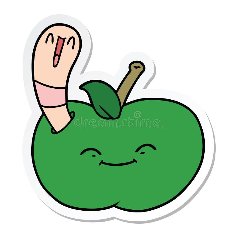 Sticker of a Cartoon Happy Worm in an Apple Stock Vector - Illustration ...