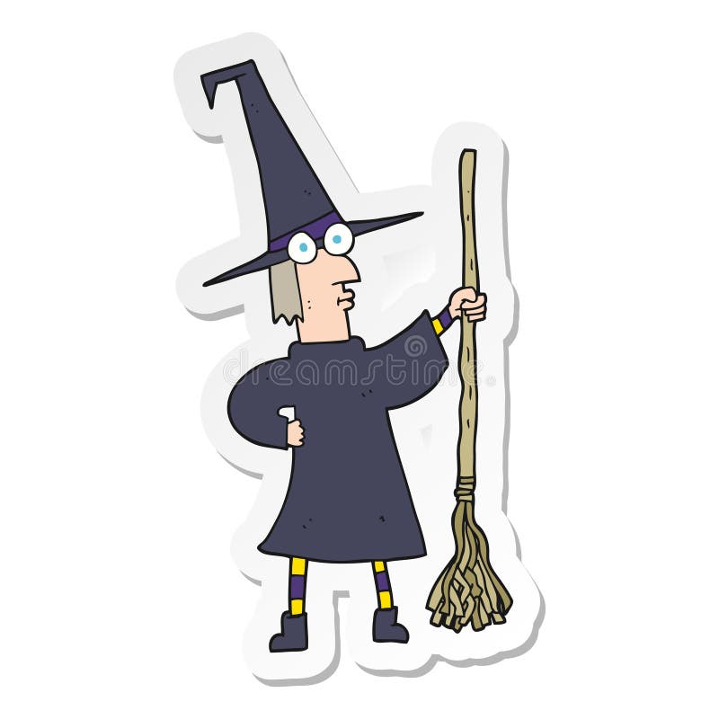 Sticker of a Cartoon Witch with Broom Stock Vector - Illustration of ...