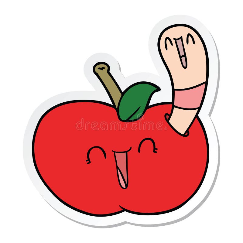 Sticker of a Cartoon Worm in Happy Apple Stock Vector - Illustration of ...