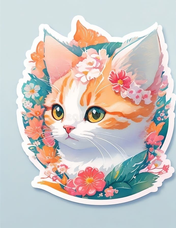 Sticker of a Cat and Splashing Flowers2 Stock Illustration ...