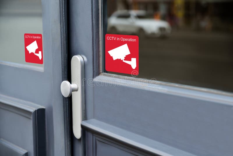 Sticker of Cctv Camera on Door Stock Photo - Image of danger, open ...