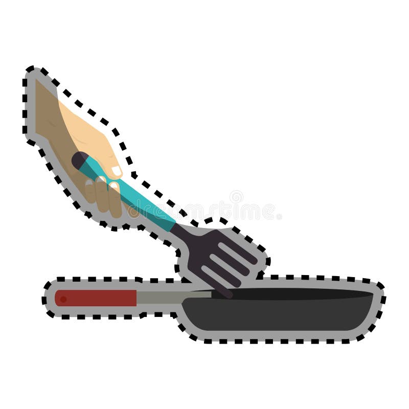 Sticker Colorful Set Frying Pan with Fork Stock Vector - Illustration ...