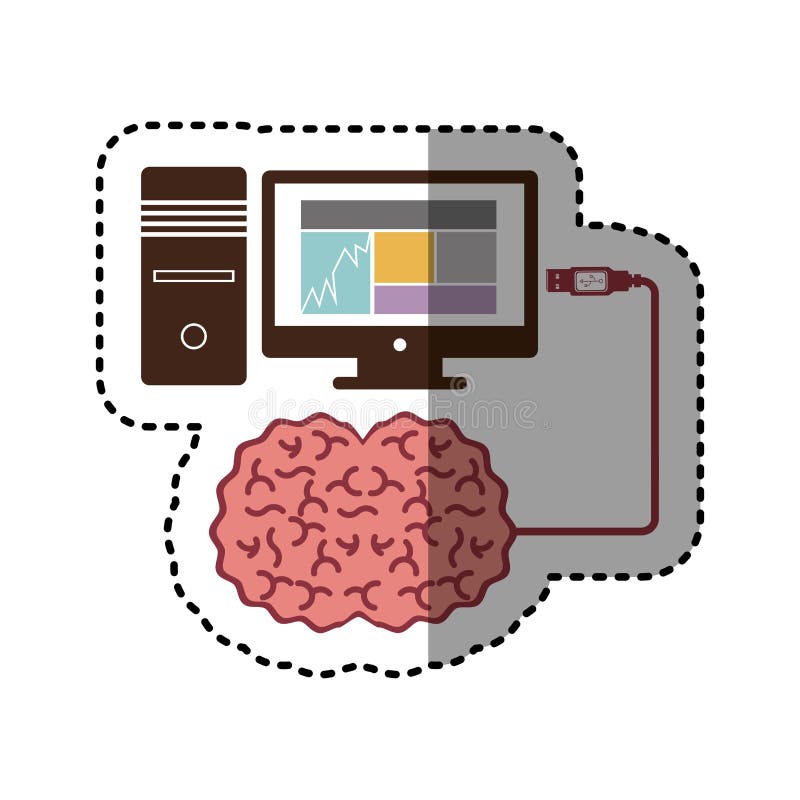 Sticker Computer Desktop and Usb Connected To Brain Stock Illustration ...