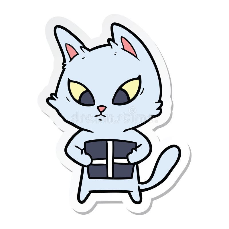 Sticker of a Confused Cartoon Cat with Gift Stock Vector - Illustration ...