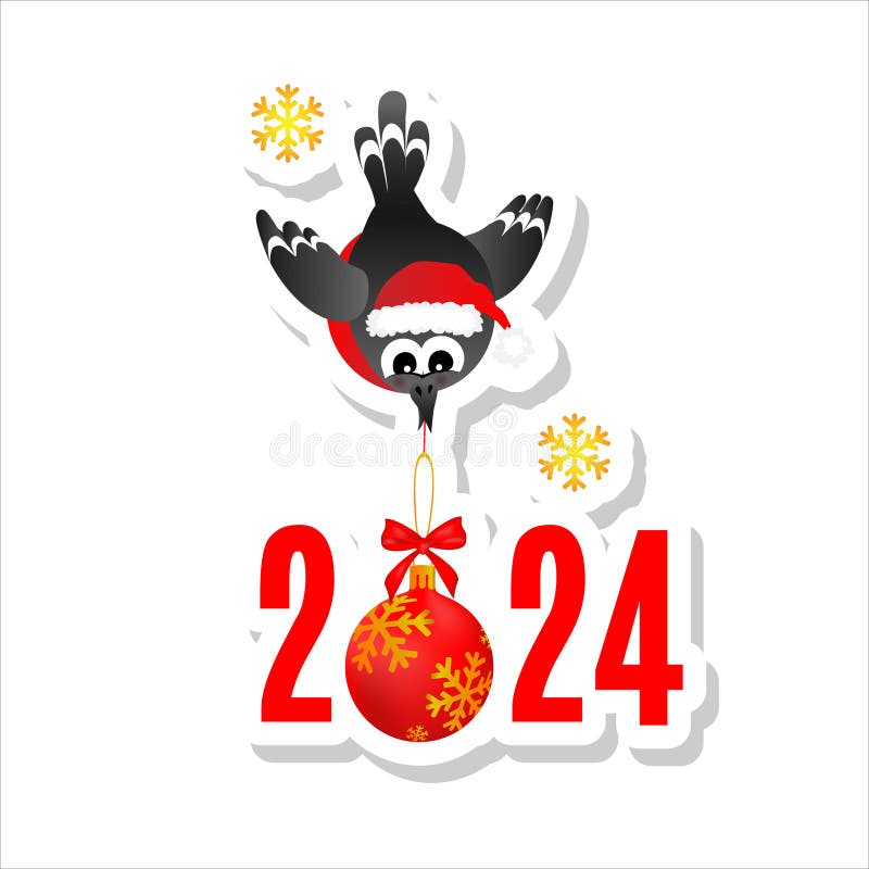 Sticker with Cute, Funny Bullfinch. New Year 2024. Vector Illustration ...