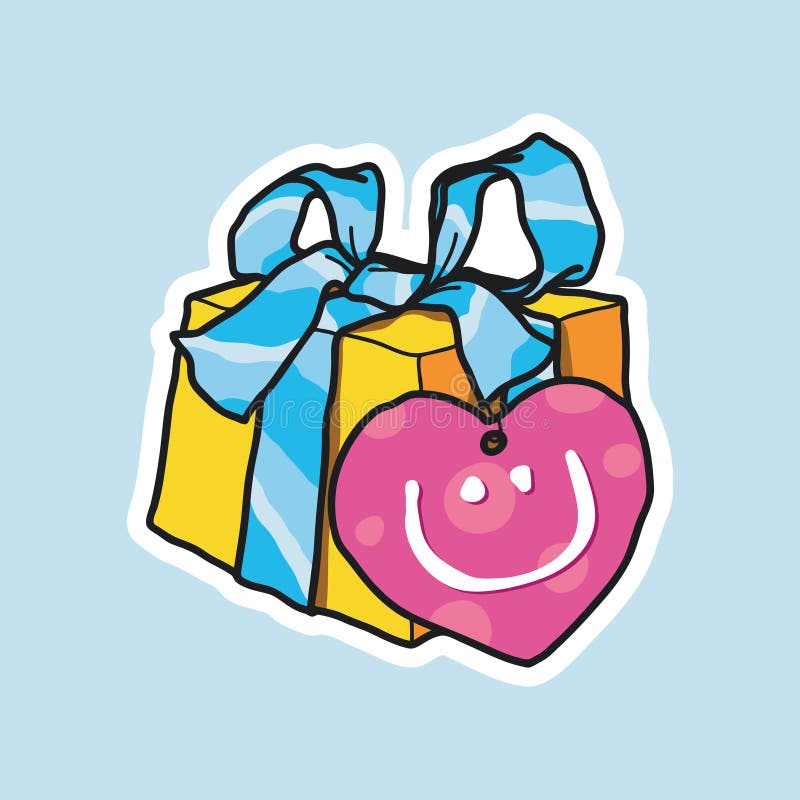 Sticker Design with Gift Box with Blue Ribbon and Pink Tag Stock Vector ...