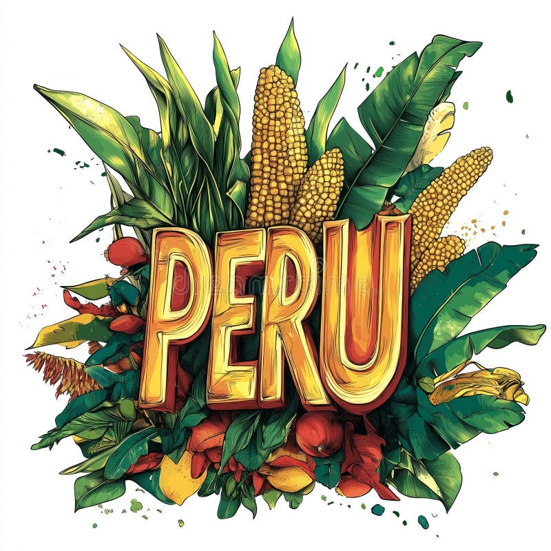 Sticker Design of Peru with Fruits and Corn and Leaves Stock ...