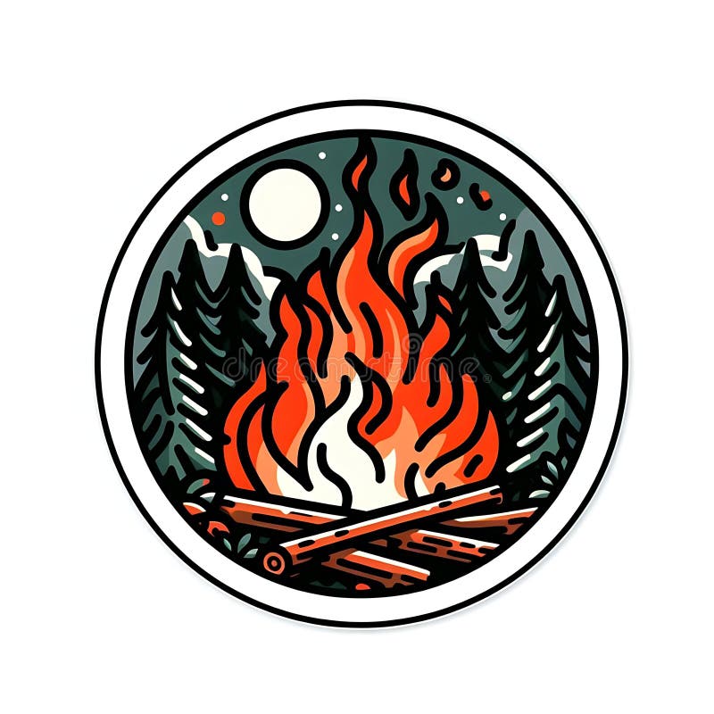 A Sticker of a Fire with a Moon in the Background Stock Illustration ...