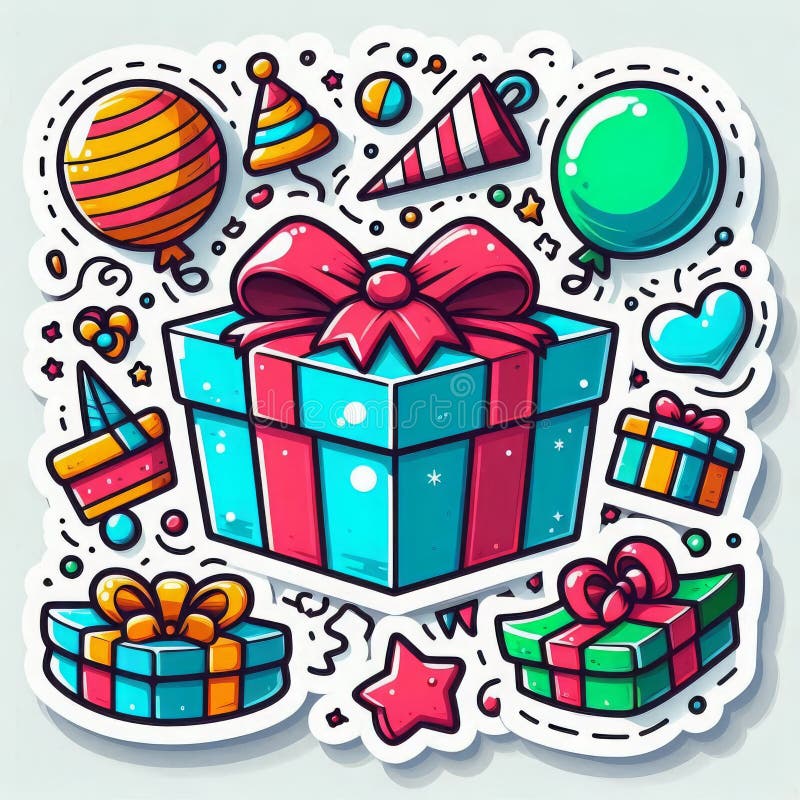 Sticker with a Gift Box and Balloons Stock Image - Image of gift, flat ...