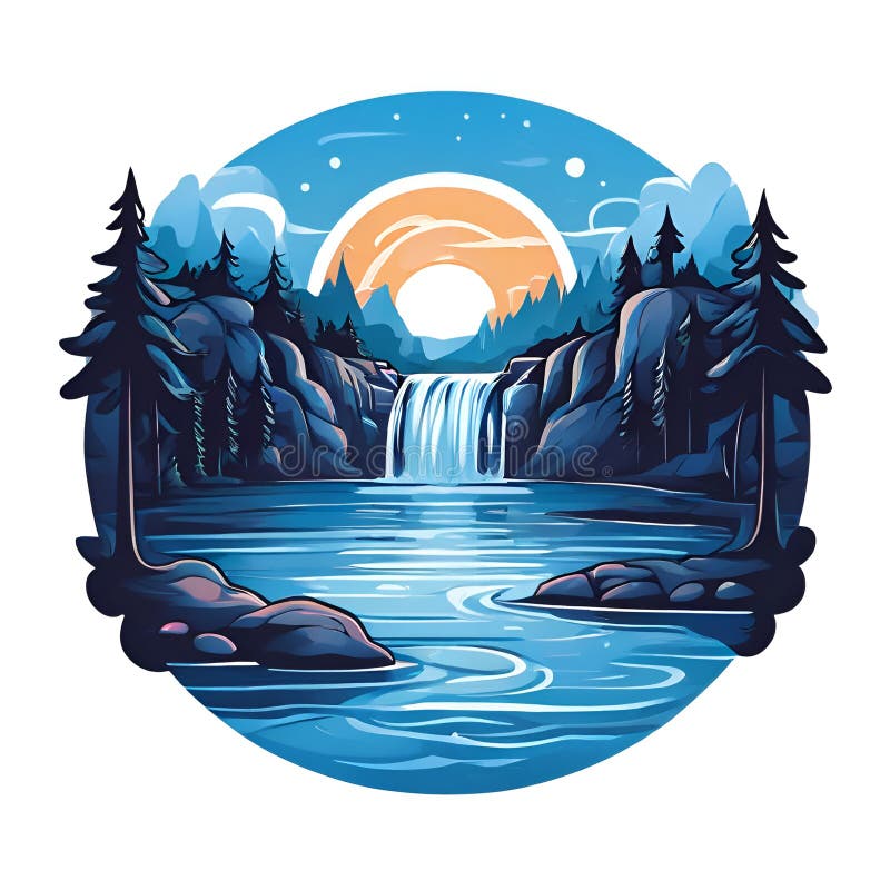 Sticker Illustration of a Waterfall and a Mountain River Stock ...