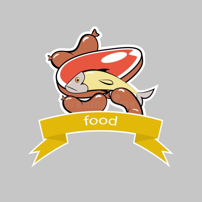 Sticker with Meal, Vector. Sticker with Fish, Meat and Sausages Stock ...