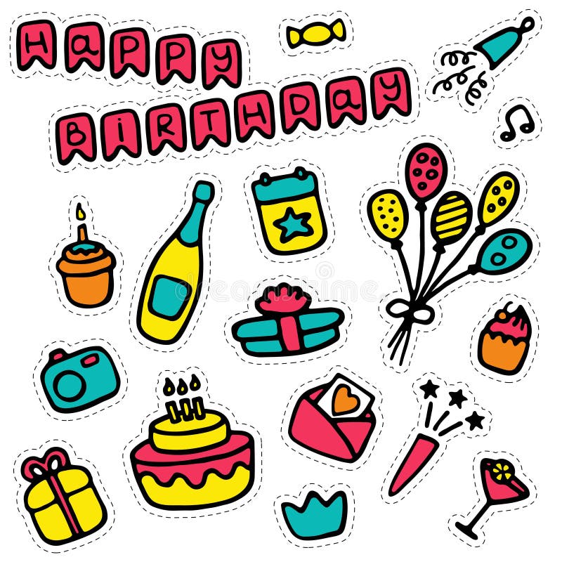 Sticker Pack. Birthday, Party, Wedding. Hand-drawn Icons. Vector Stock ...