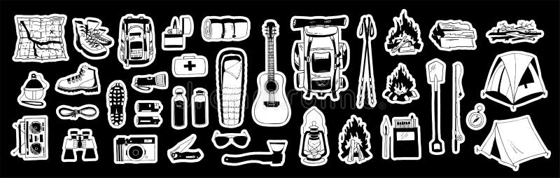 Sticker Pack. Collection of Camping Stickers. Vector Hand Drawn ...