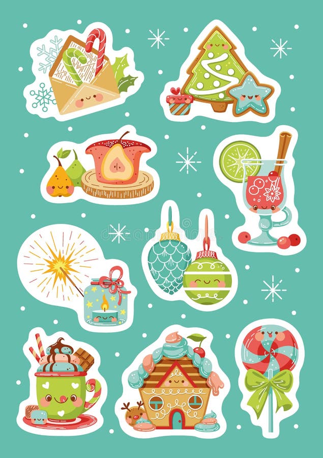 Sticker Pack with Kawaii Christmas Elements, Set of Cute Vector ...