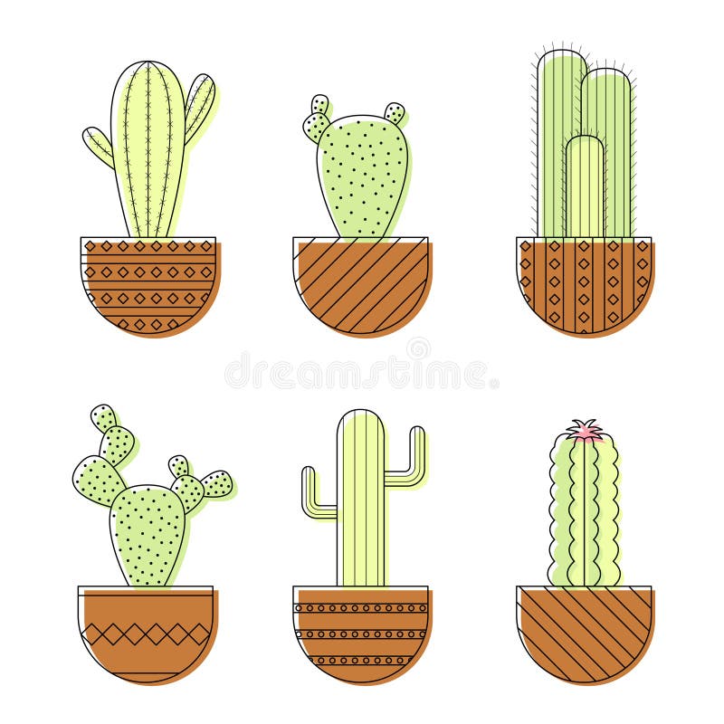 Sticker Pack with Linear Colorful Cactuses. Linear Vector Illustration with Exotic Cactus ...