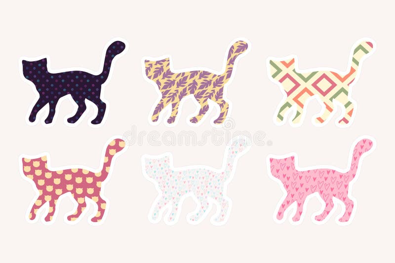 Sticker Pack of Outline Cats with Different Patterns. Simple Cat ...