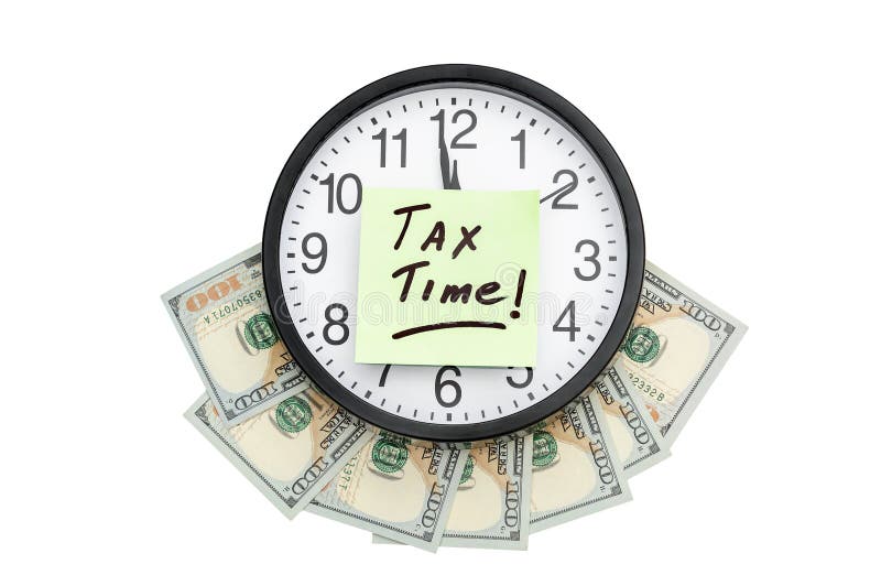 Sticker with Phrase `Tax Time` on Clock and Money. Isolated on White ...