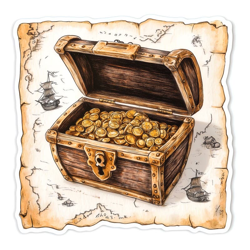 Sticker with Pirate Treasure Chest and Map. Isolated on White ...