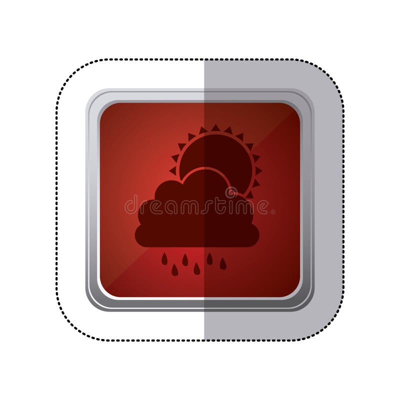 Sticker Red Square Button with Silhouette Cloud with Rain and Sun Stock ...