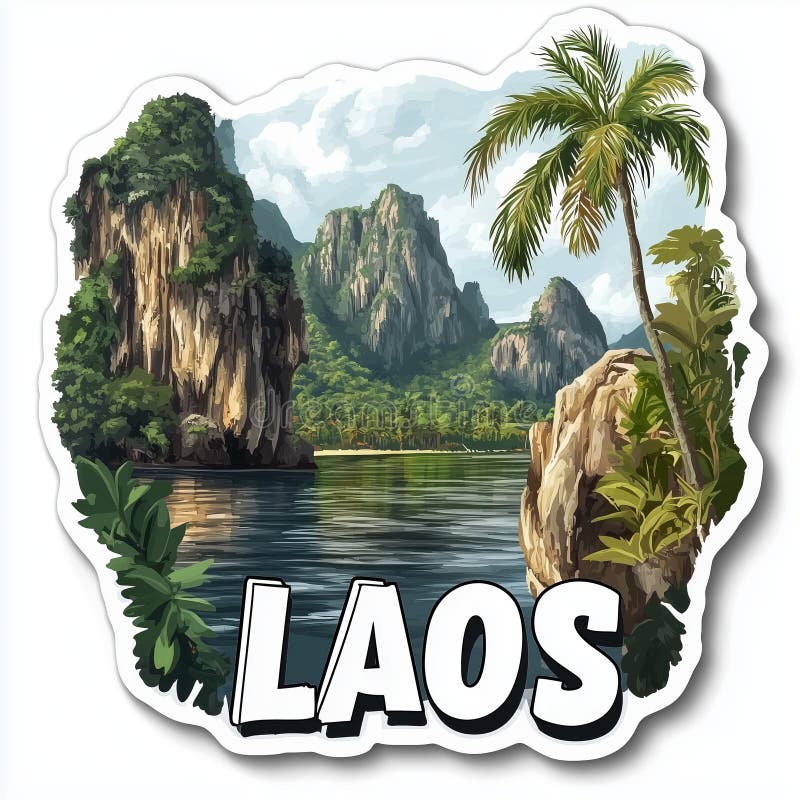 Sticker Representing Laos, Featuring Palm Trees, Cliffs, and Tranquil ...