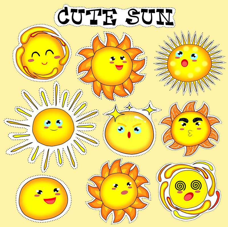 Sticker set with cute sun stock illustration. Illustration of pack ...