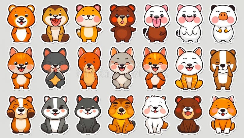 Sticker Set, Different Cute Cartoon Animals Stock Illustration ...