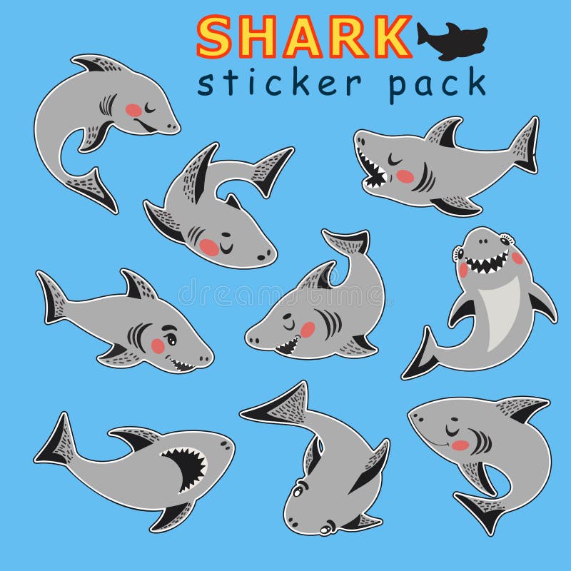 Sticker Set of Funny Cartoon Style Cute Sharks in Different Poses ...