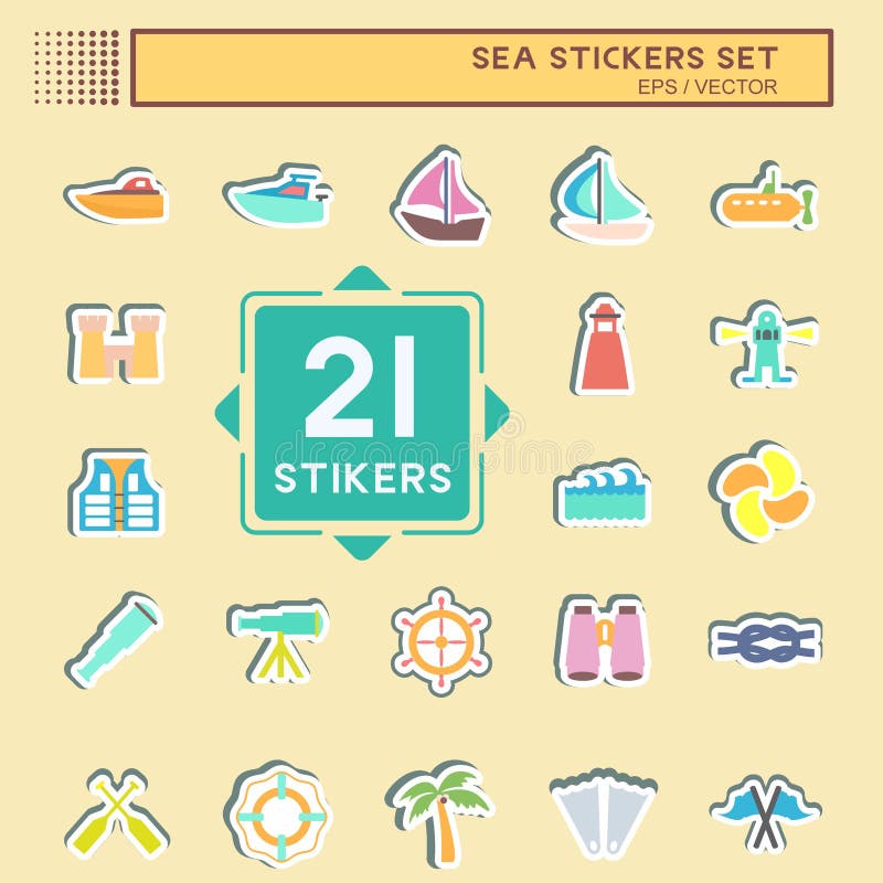 Sticker Set Sea - Simple Illustration,Editable Stroke Stock ...