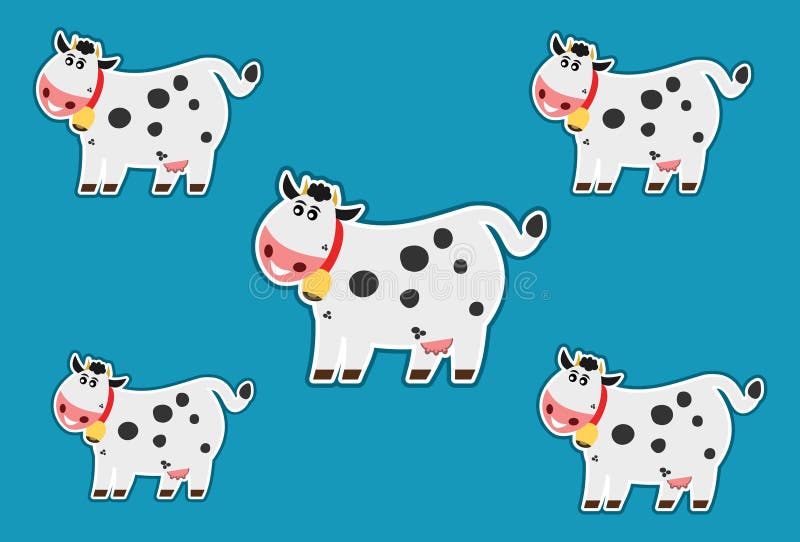 Sticker Set of Smiling Dairy Cow with Bell on Blue Background - Vector ...