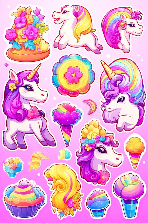 Sticker Sheet with Cartoon Unicorns Stock Image - Image of page, diary ...