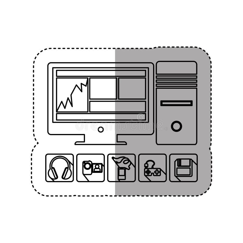 Sticker Silhouette Desktop Computer with Icon Apps Stock Illustration ...