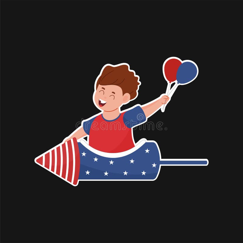 Sticker Style Cheerful Boy Riding Fireworks Rocket and Fly Balloon Over ...