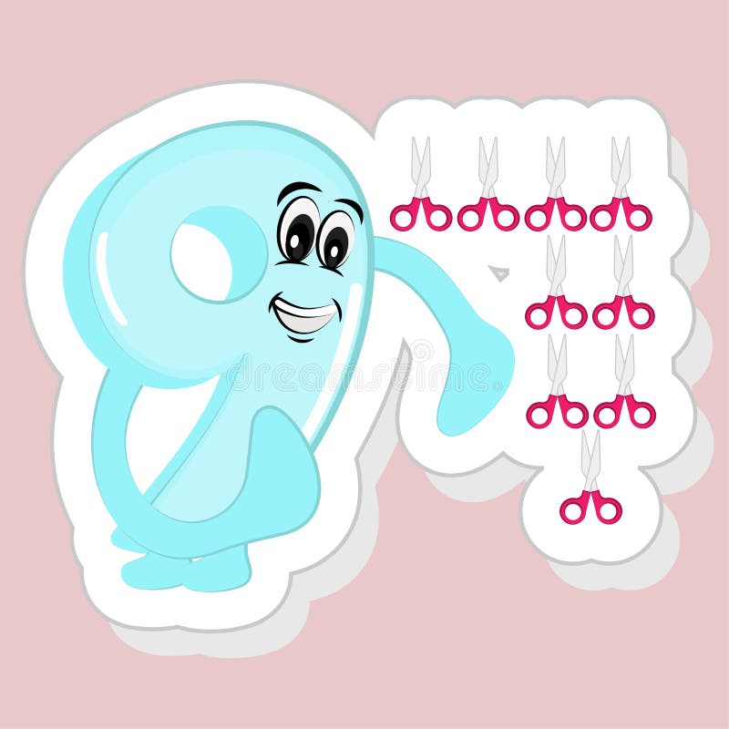 Sticker Style Funny Cartoon Number 9 with Scissors on Pink Stock ...