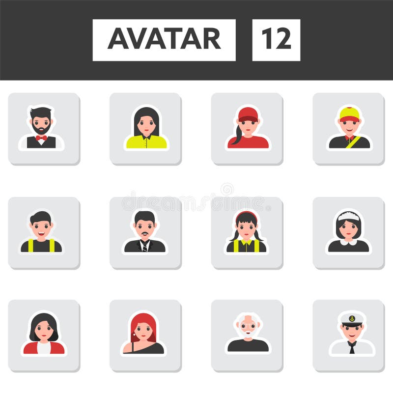Sticker Style People Avatar Illustration on White and Black Stock ...