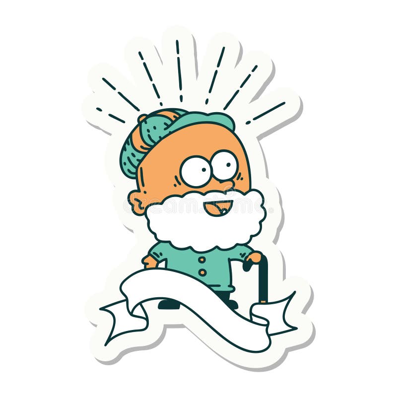 Sticker of Tattoo Style Happy Old Man with Walking Stick Stock Vector ...