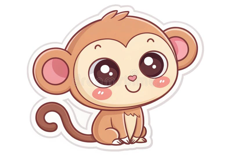 Sticker Template with Cute Monkey in Kawaii Style Isolated on White ...