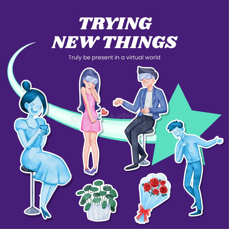 Sticker Template with VR Dating Concept,watercolor Style Stock ...