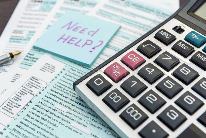 Sticker with Text Need Help and 1040 Tax Form, Pen and Calculator ...