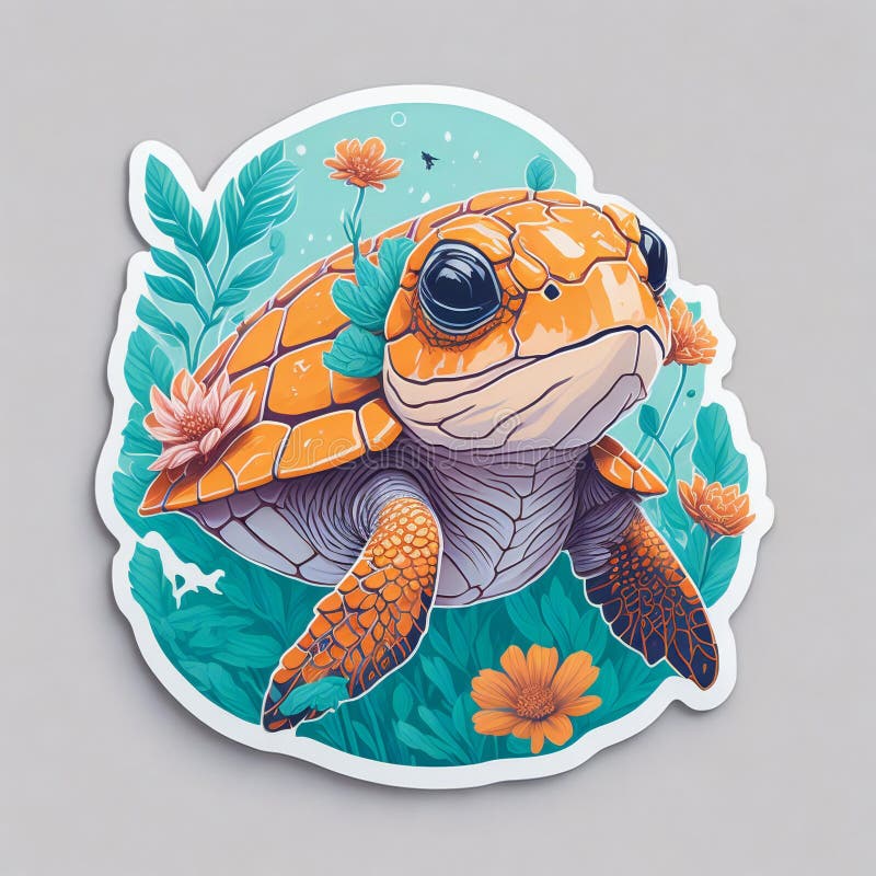 Sticker turtle and fish stock image. Image of drawing - 279928307