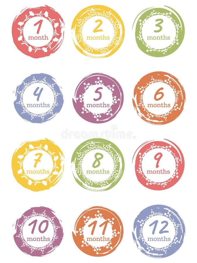 Stickers after the Birth of a Child with the Countdown of Months. Brush ...