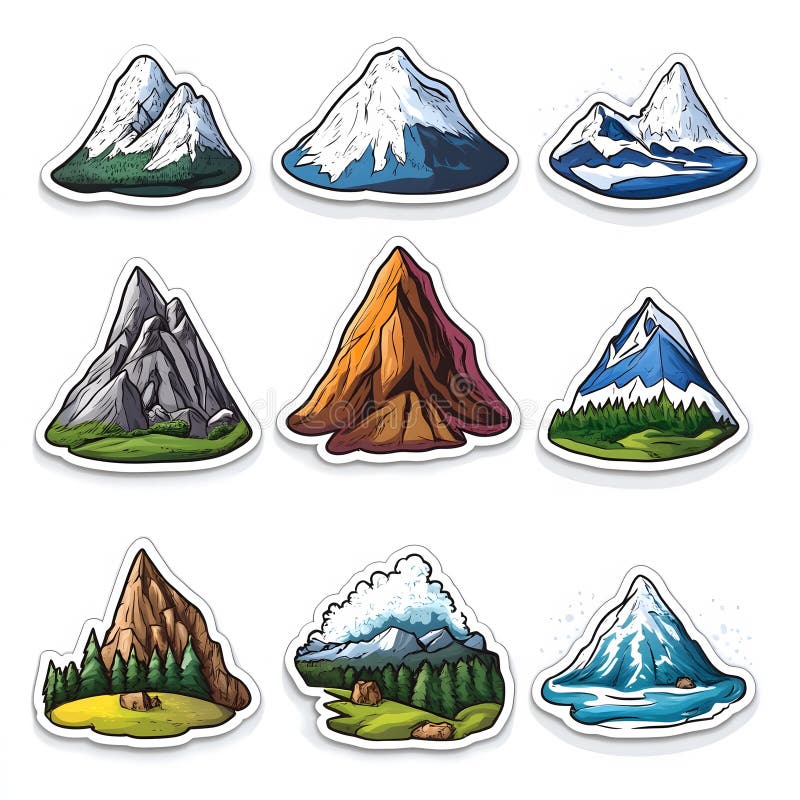 Stickers with Different Types of Mountains in Cartoon Style. Isolated ...